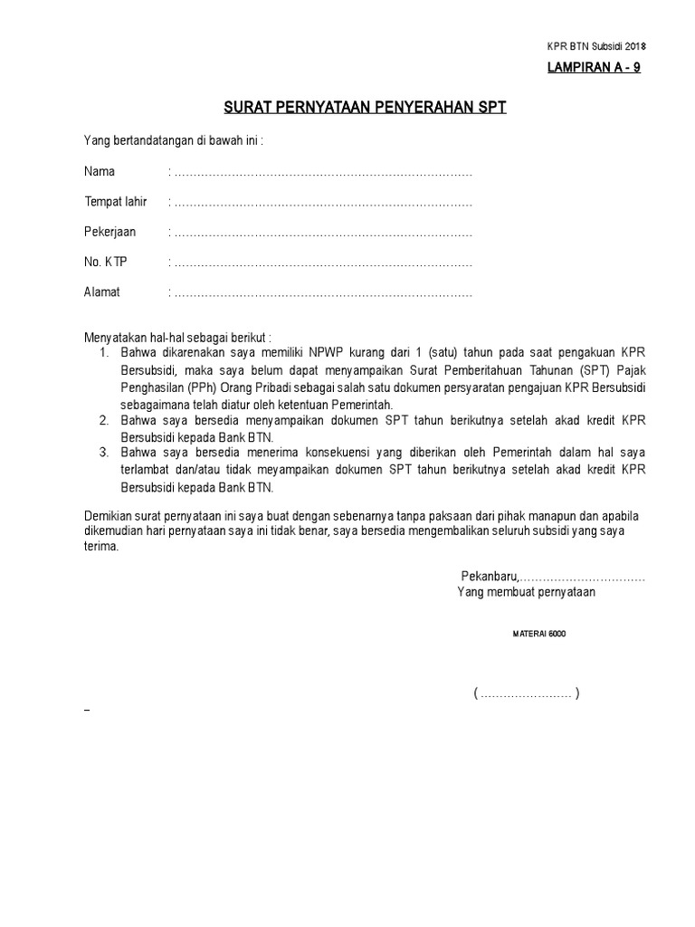 SURAT PERNYATAAN 2018 LAMPIRAN CHECKLIST BTN | PDF