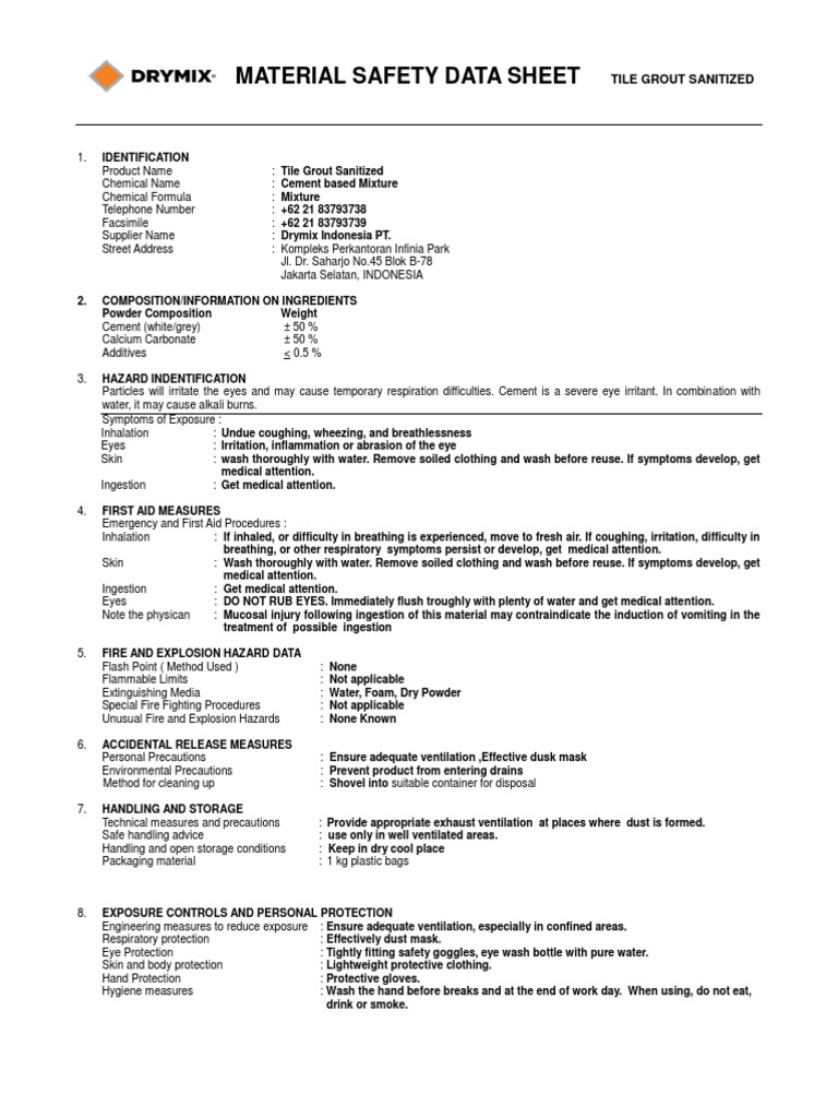 MSDS Tile Grout Sanitized | PDF