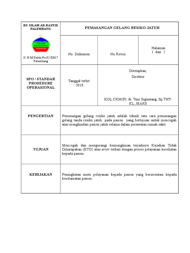 Sasaran 6 SKP Sop Pemasangan Gelang Resiko Jatuh | PDF