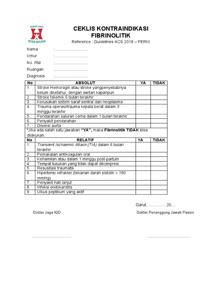 CEKLIS KONTRAINDIKASI Fibrinolitik | PDF