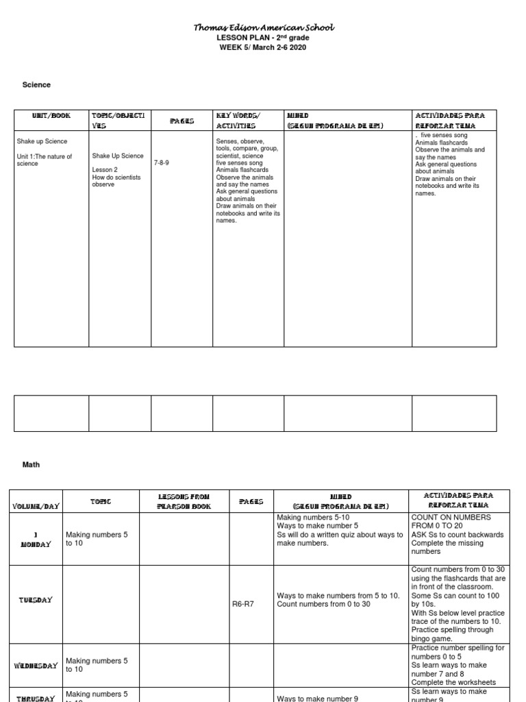 LESSON PLAN 1st Grade Week March 2-6 2020 | PDF