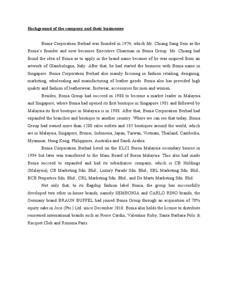 Bonia Corporation Berhad Overview | PDF
