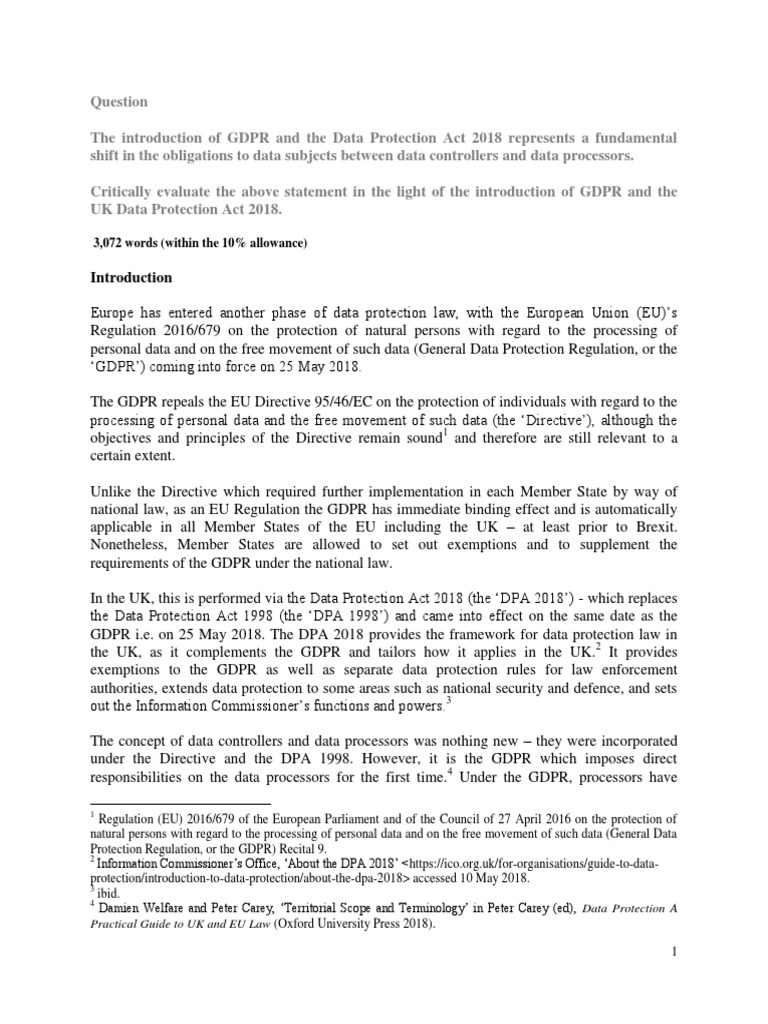 GDPR & DPA 2018: Controller vs Processor Obligations | PDF