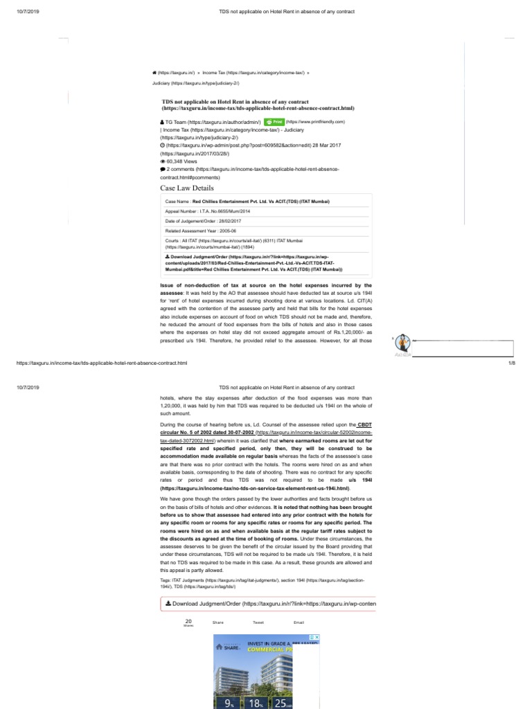 TDS On Hotel Room Rent Applicability - Taxguru | PDF