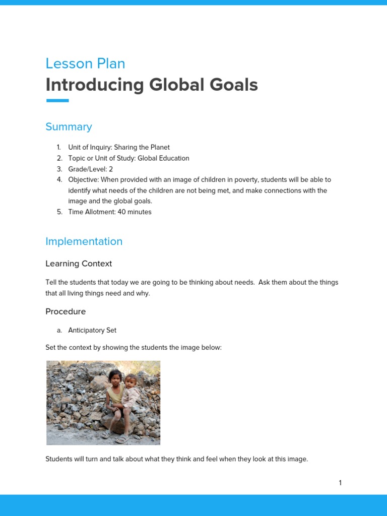 Global Goals Lesson Plan for Grade 2 | PDF | Language Arts & Discipline