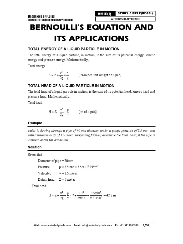 Bernoulli's Equation and Applications | PDF