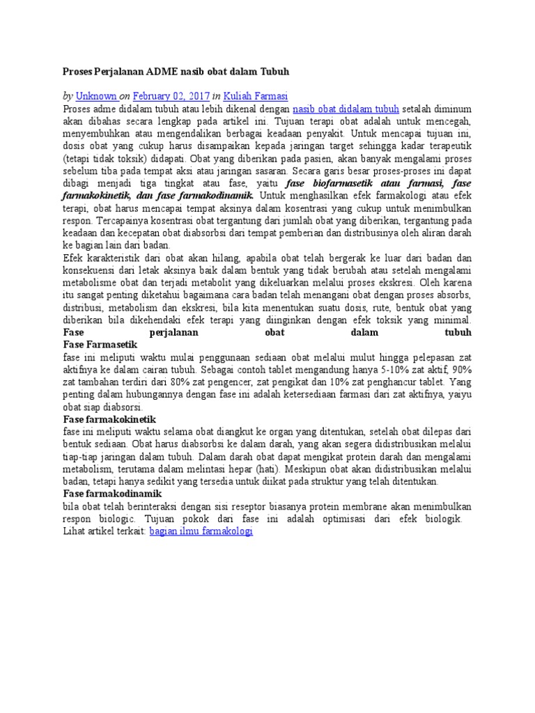 Proses Perjalanan ADME Nasib Obat Dalam Tubuh Kimia Farmasi | PDF