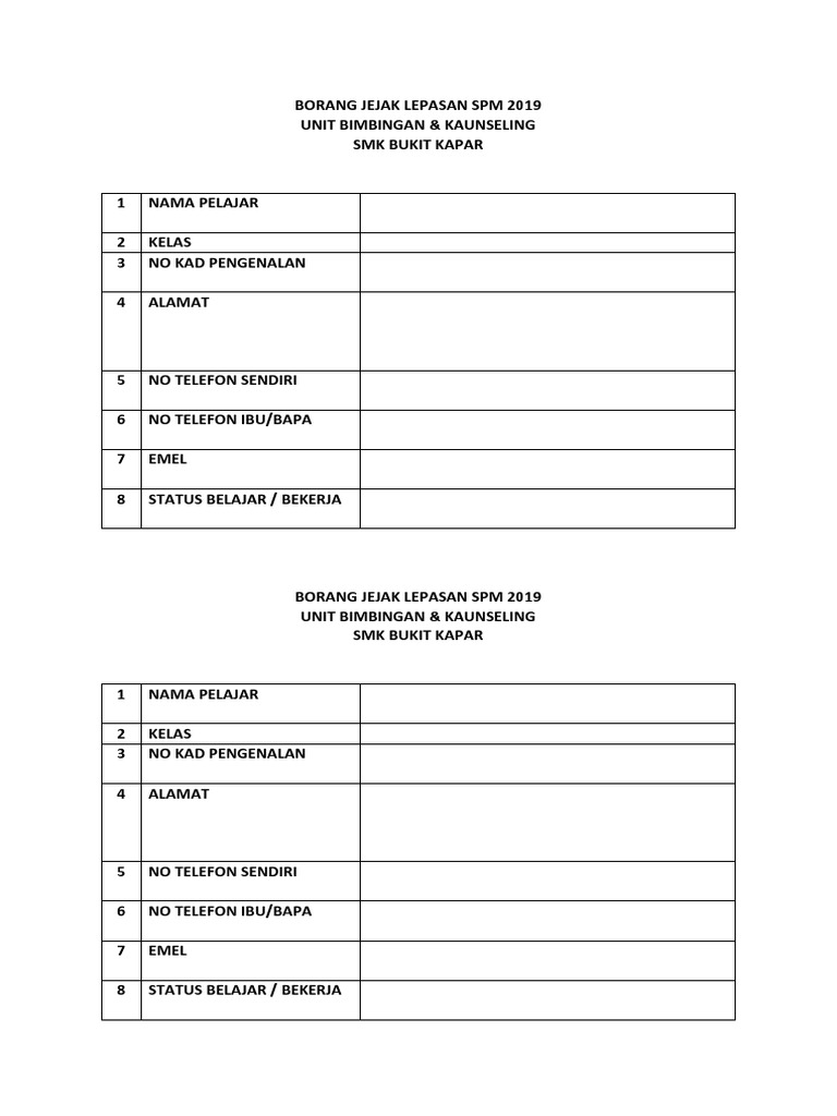 Borang Jejak Lepasan SPM 2019 | PDF | Karier & Perkembangan