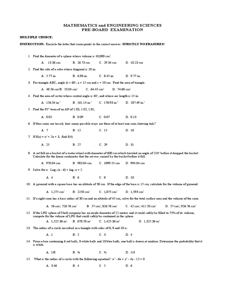 Preboard Mathematics | PDF