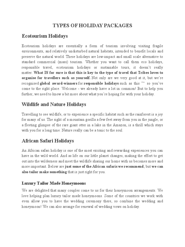 Types of Holiday Packages | PDF