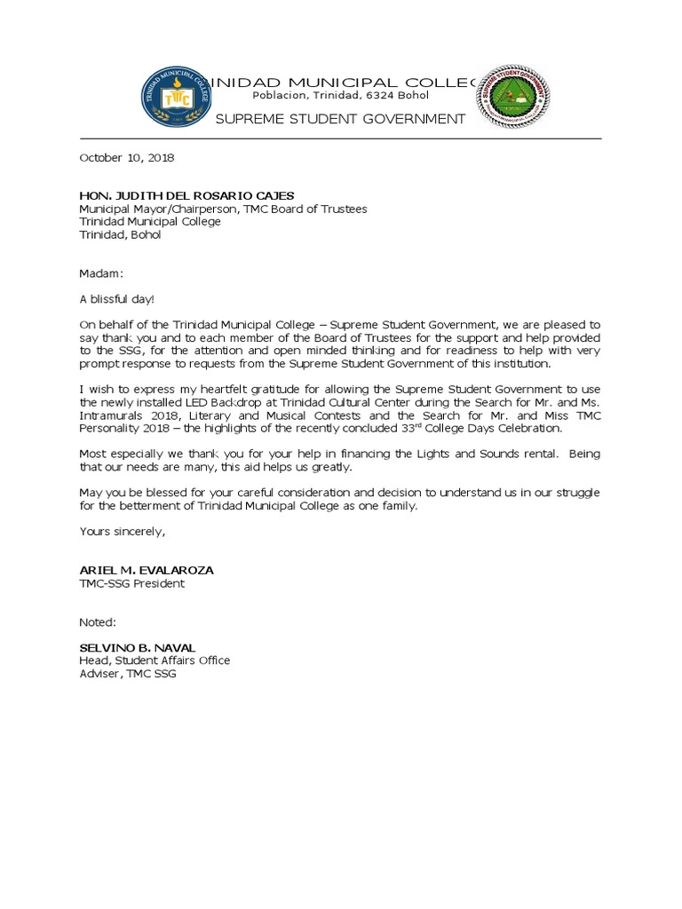 Gratitude Letter from TMC SSG President | PDF