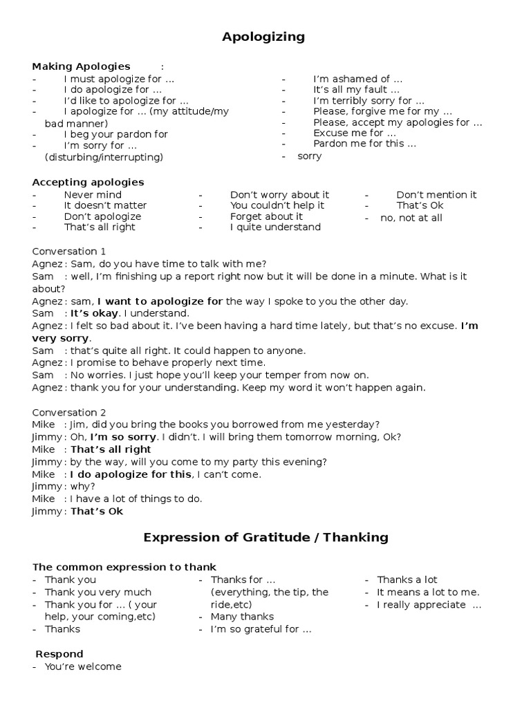 Apologizing and Thanking Expression | PDF