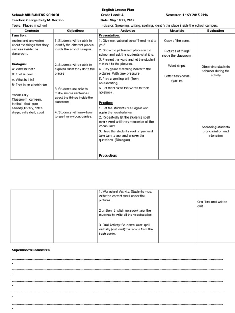 Places in School: Lesson Plan for Grade 4 | PDF | Language Arts ...
