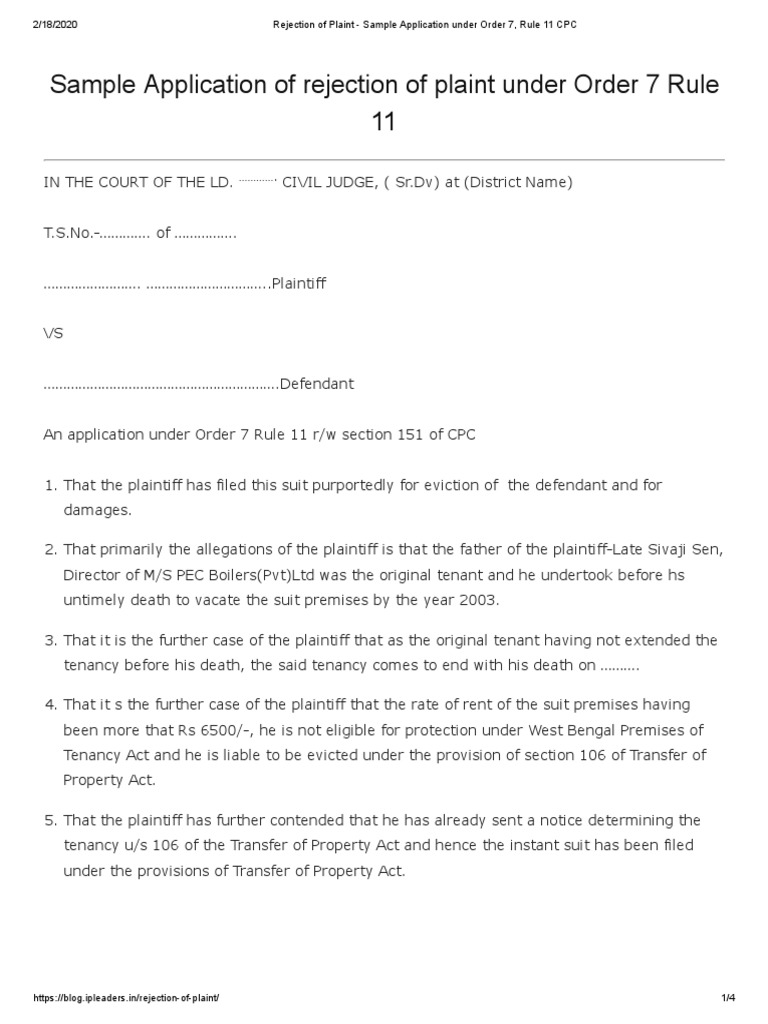 Rejection of Plaint - Sample Application Under Order 7, Rule 11 CPC 2 | PDF