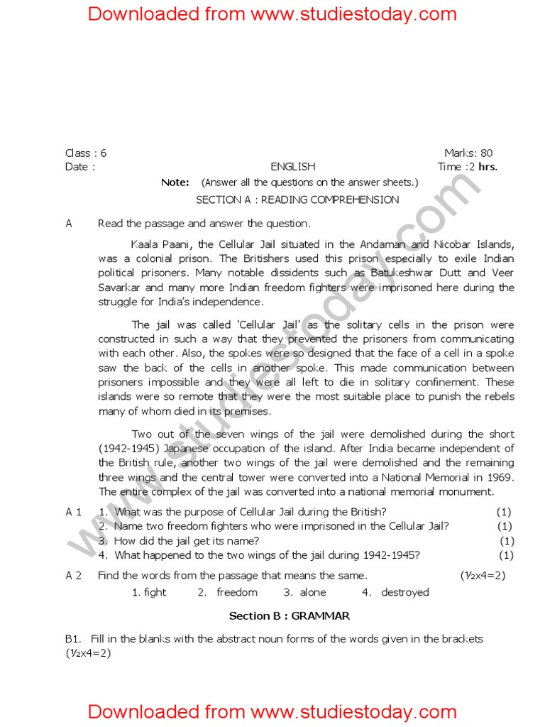 CBSE Class 6 English Question Paper Set A | PDF