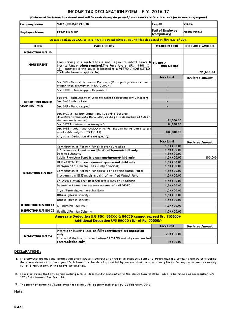Employee Declaration Form 15 | PDF