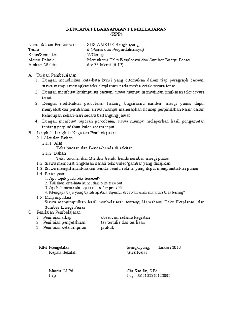 RPP Tematik 1 Subtema Tema 6 KLS 5 | PDF
