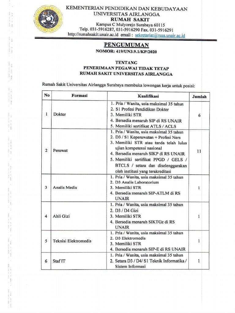 419 Pengumuman Penerimaan PTT RS UNAIR PDF | PDF