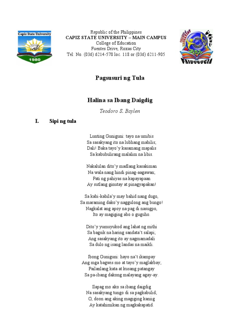 Pagsusuri Sa Tulang Halina Sa Ibang Daigdig Ni Teodoro S. Baylen | PDF