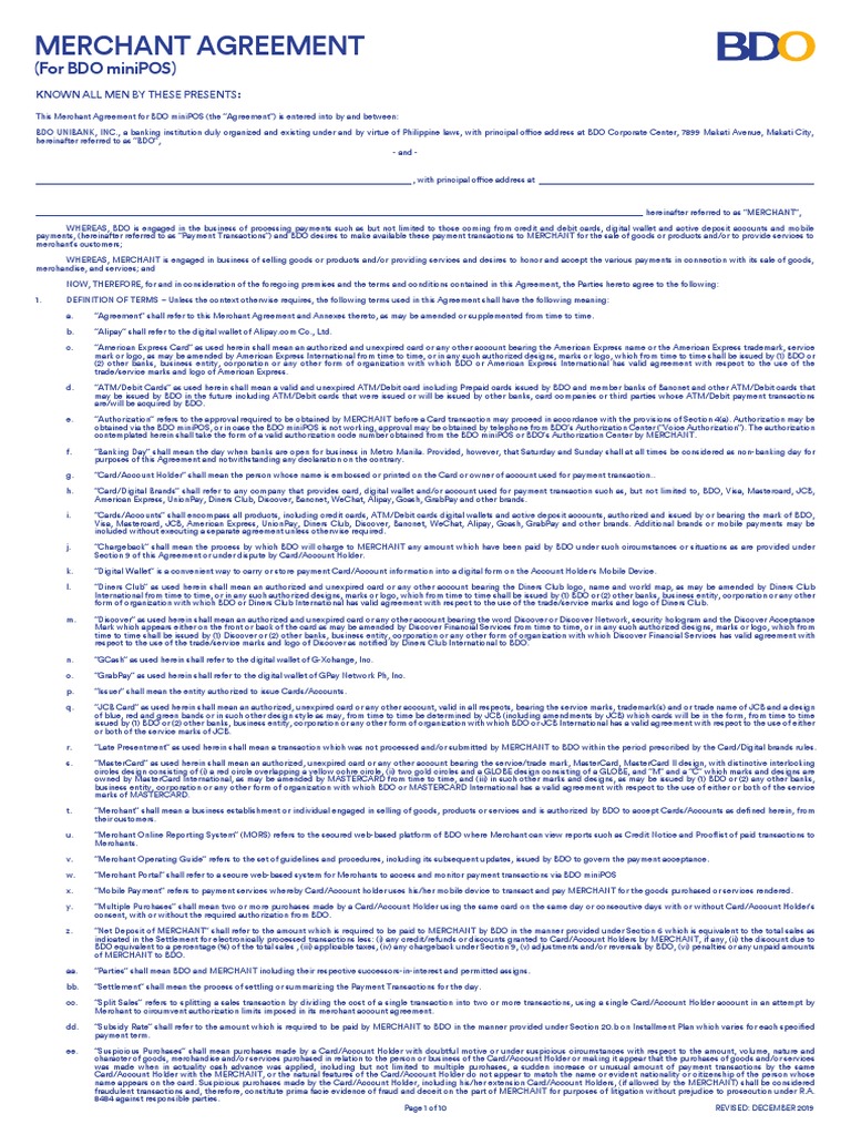 BDO miniPOS Merchant Agreement | PDF