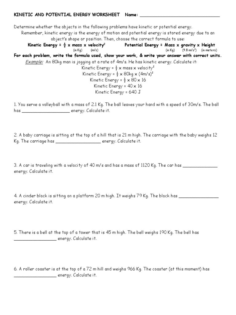 Potentialandkineticenergyworksheet PDF | PDF