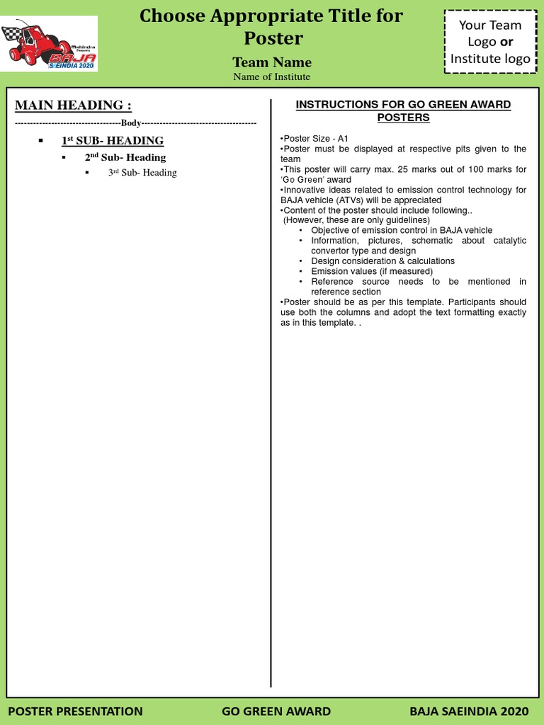 BAJA SAEINDIA 2020 - POSTER FORMAT FOR GO GREEN EVENT (mBAJA Pithampur ...