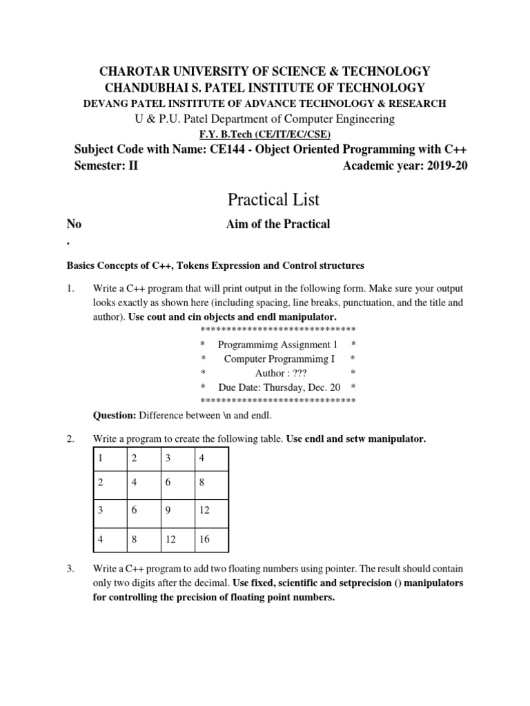 2 Sem CE144-OOPC++ Practical List-19-20 | PDF