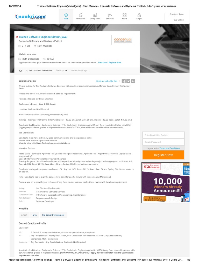 Trainee Software Engineer (Dotnet - Java) - Navi Mumbai - Concerto ...