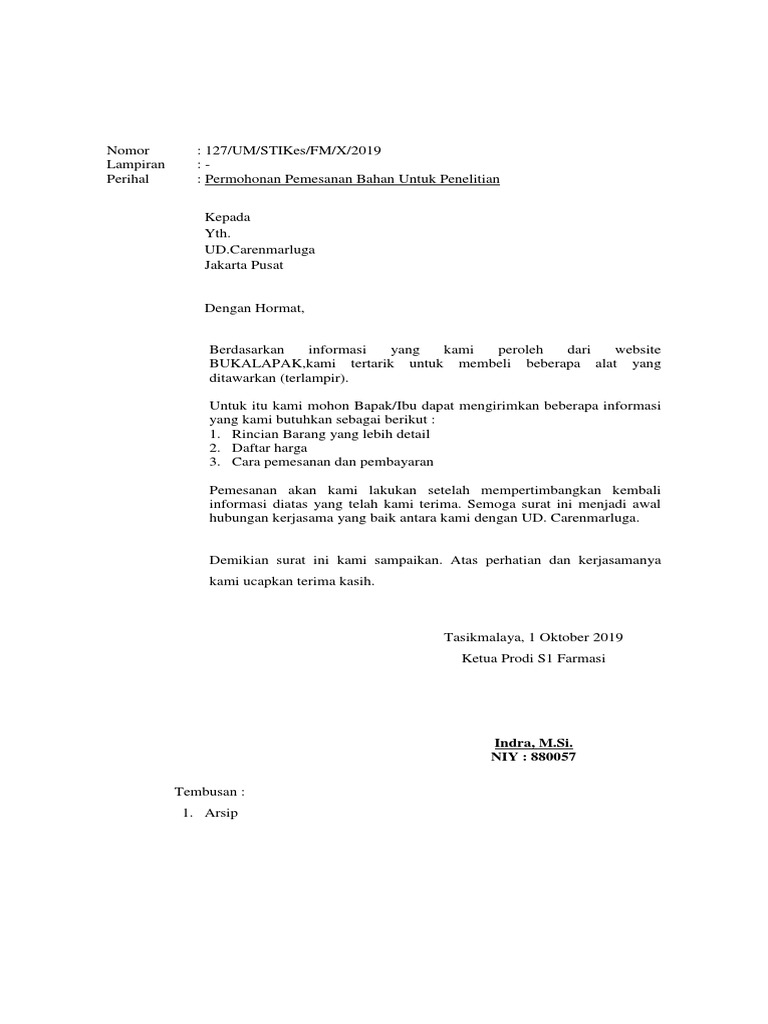 Surat Permohonan Pemesanan Bahan Ke BRATACHEM | PDF