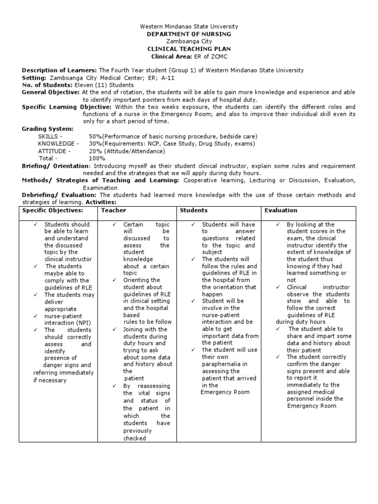 Clinical Teaching Plan for Nursing Students | PDF | Science & Mathematics