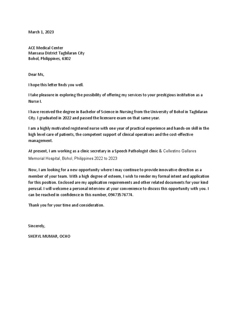 Nursing Job Application Letter | PDF | Career & Growth | Self-Improvement