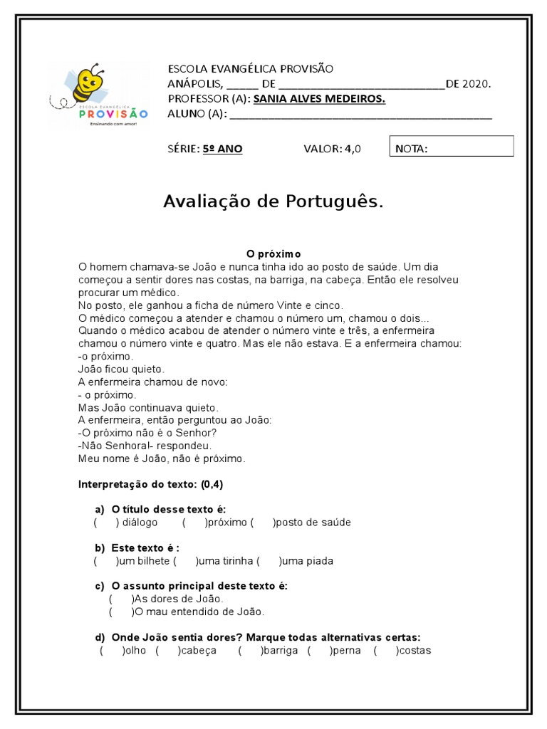Português 5º Ano Prova | PDF