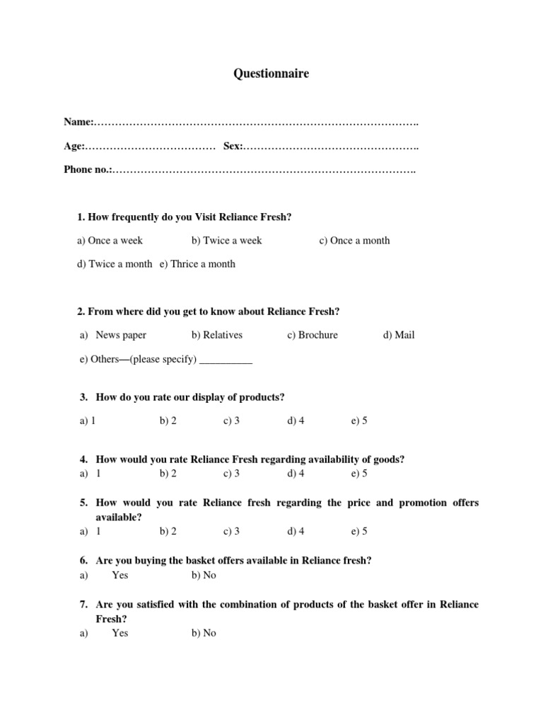 Questionnaire For CRM in Reliance Fresh | PDF