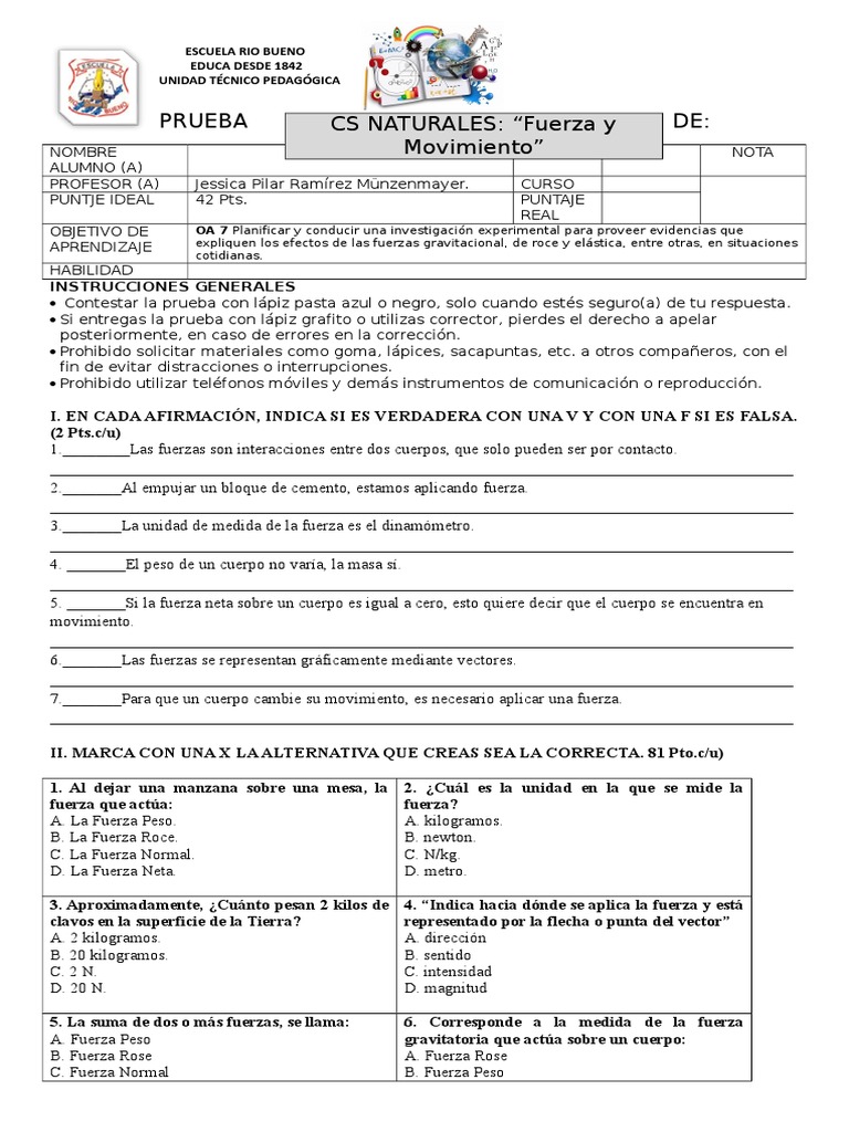 Prueba de Fuerzas y Movimiento Escolar | PDF
