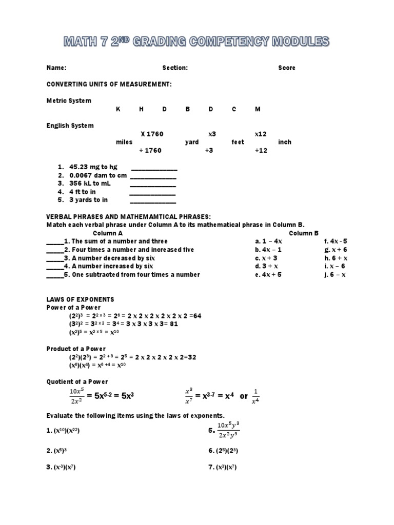2nd Quarter Math 7 Remedial Activities | PDF