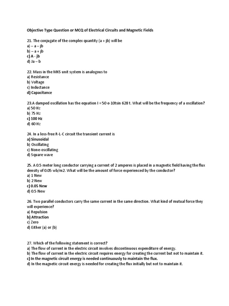 Objective Type Question or MCQ of Electrical Circuits and Magnetic ...