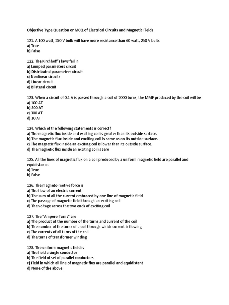 Objective Type Question or MCQ of Electrical Circuits and Magnetic ...