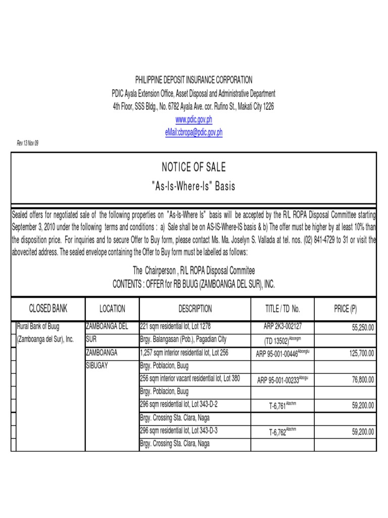 PDIC Notice of Sale | PDF
