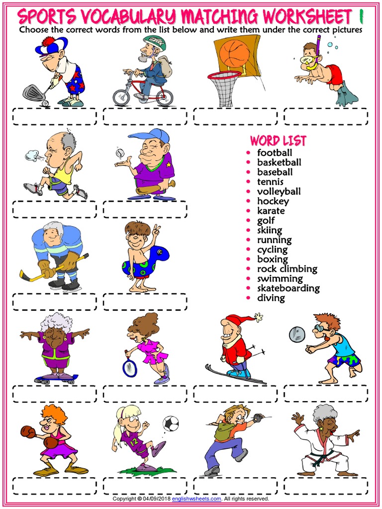 Sports Vocabulary Esl Matching Exercise Worksheets For Kids | PDF