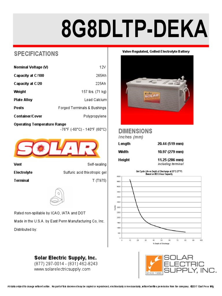 Deka Solar 8G8DLTP Gel Battery Datasheet | PDF