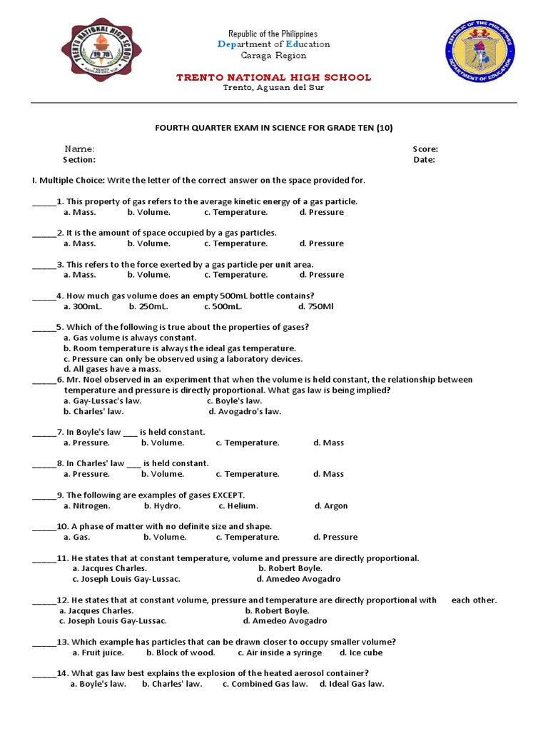 Grade 10 Science 4th Quarter Exam