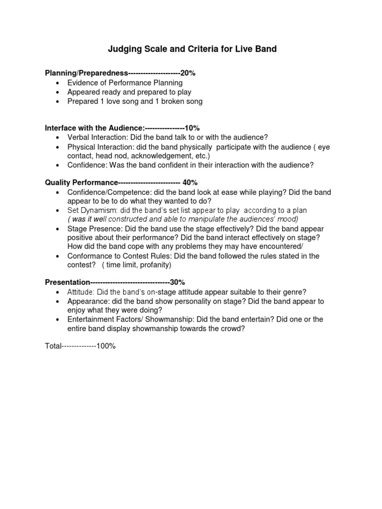 Judging Scale and Criteria For Live Band | PDF | Social Science | Art