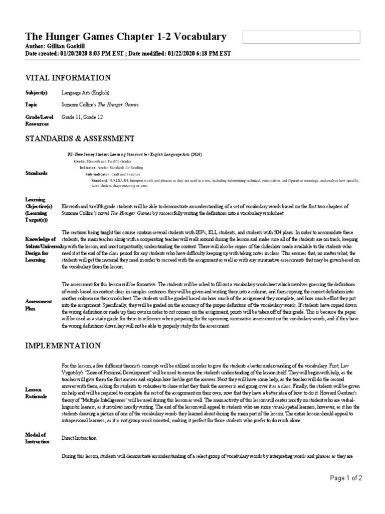 The Hunger Games Chapter 1-2 Vocabulary Lesson Plan Mentor Lesson 1 ...