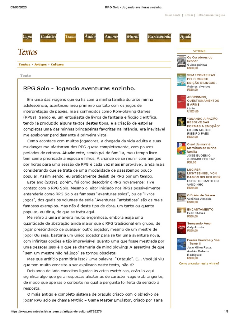 RPG Solo - Jogando Aventuras Sozinho | PDF