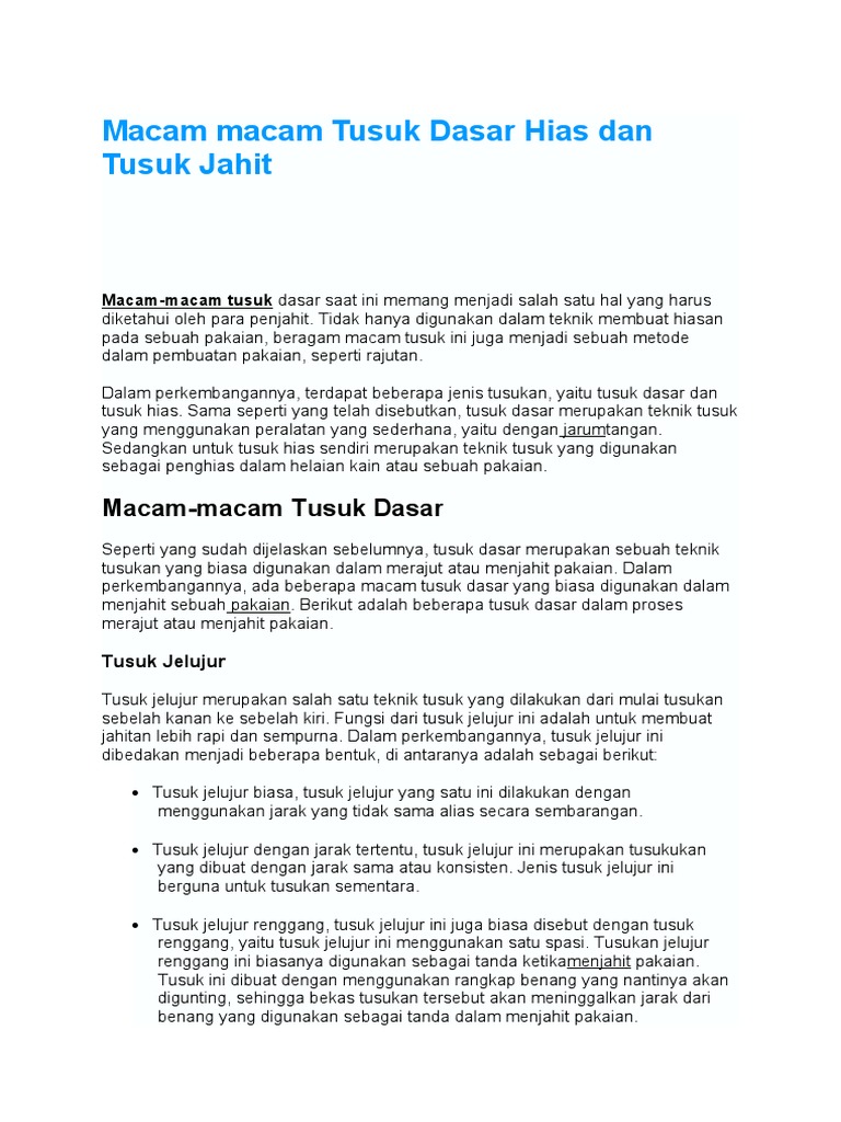 Macam Macam Tusuk Dasar Hias Dan Tusuk Jahit | PDF
