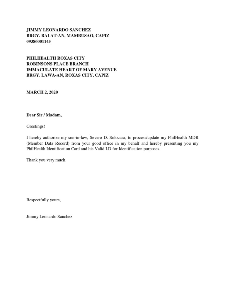 Authorization Letter for PhilHealth MDR | PDF