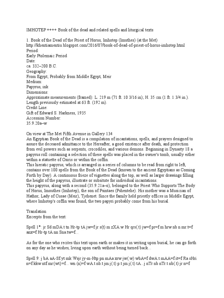 IMHOTEP ++++ Book of The Dead and Related Spells and Liturgical Texts | PDF