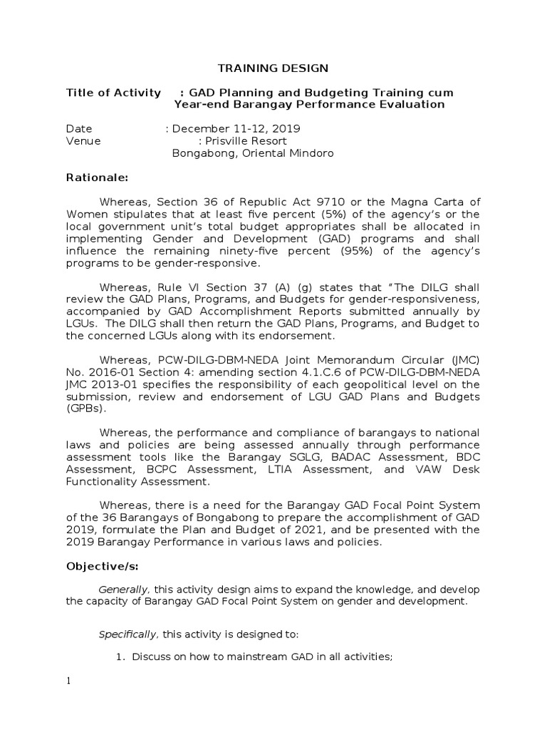 Training Design - GAD Training 2019 | PDF