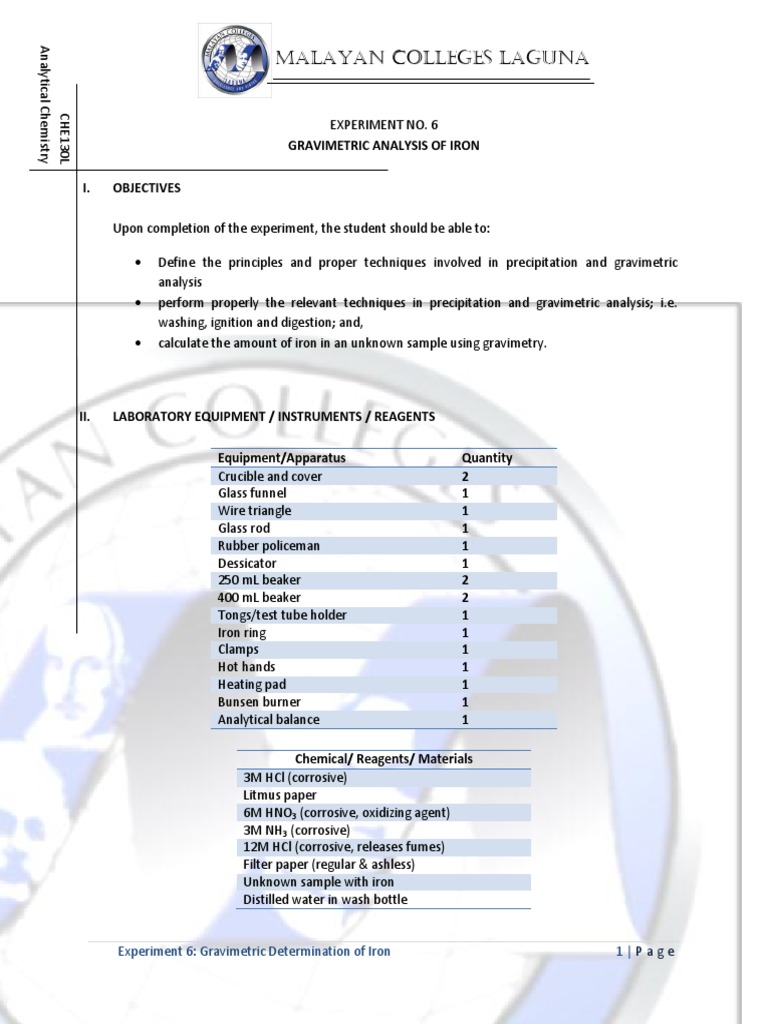 Experiment 6 Gravimetric Determination of Iron PDF | PDF