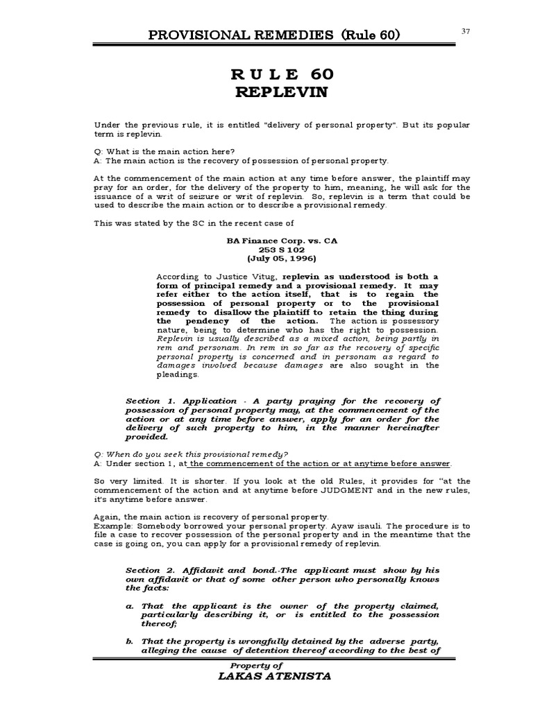 Rule 60-PR Replivin | PDF | Law